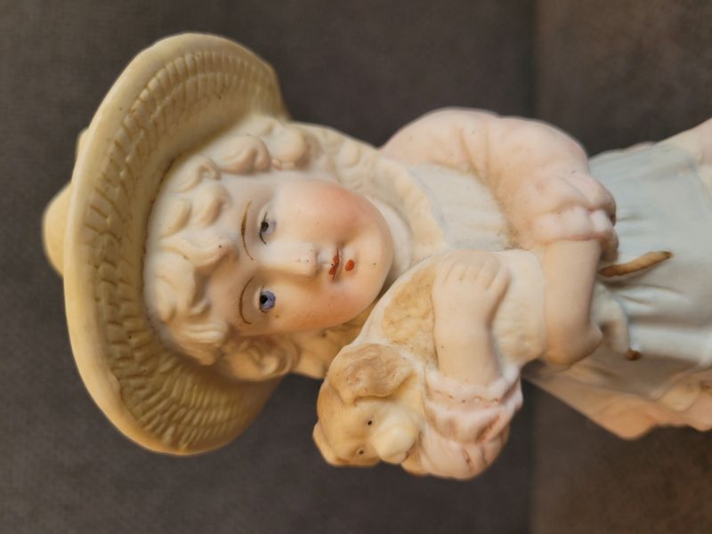 Antique Gebruder Heubach Biscuit Porcelain Figurine Girl with Puppy Germany